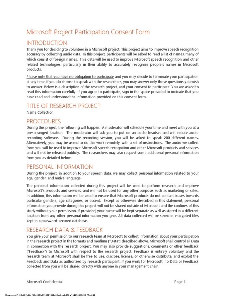 Microsoft Project Participation Consent Form | PDF | Microsoft | Speech ...