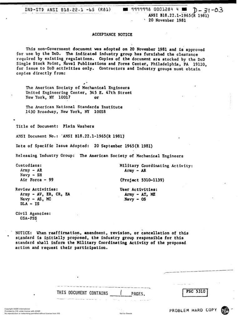 Ansi Asme B18 22 1 1965 R 2003 Asa B27 2 1965 PDF | Download Free PDF | Washer (Hardware ...