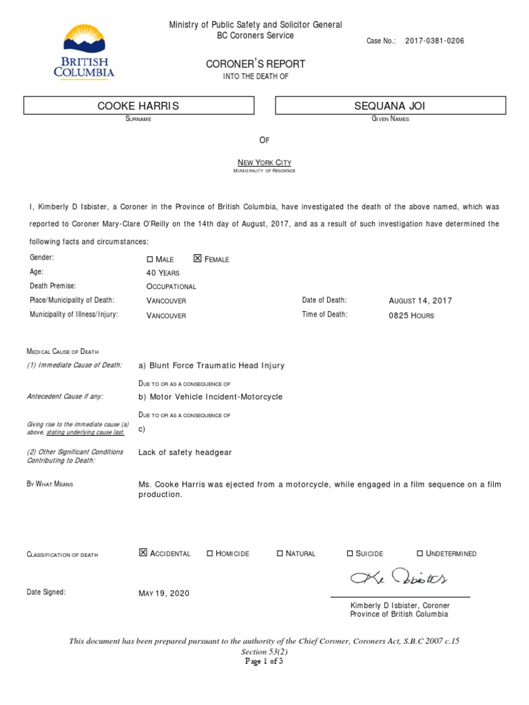 Coroner's Report: Sequana Joi Cooke Harris | Download Free PDF ...