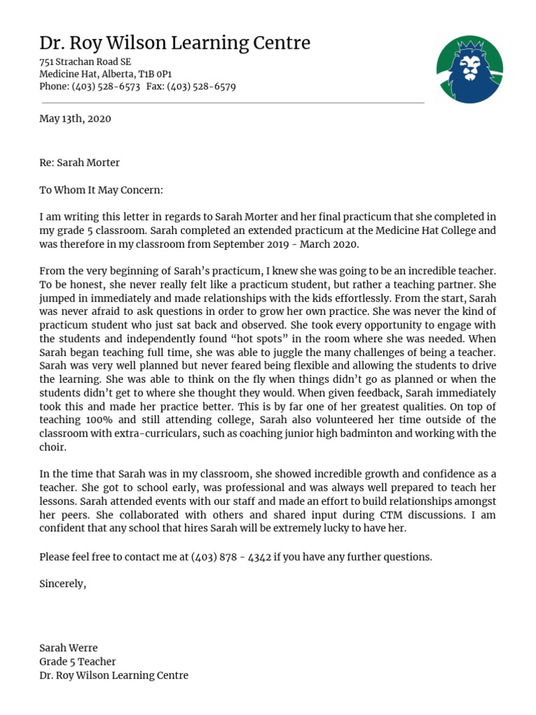 Reference Letter For Sarah | PDF | Classroom | Teachers