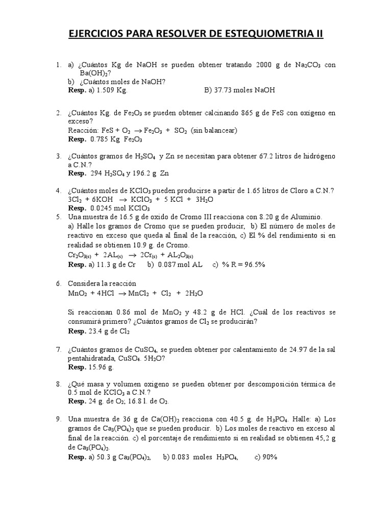 Ejercicios para Resolver de Estequiometria Ii | PDF