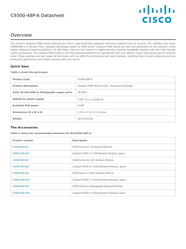 FICHE8.Cisco Catalyst C9300-48P-A Switches Data Sheet | PDF | Network ...