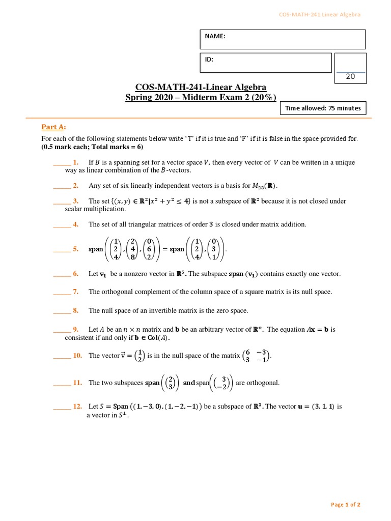 COS-MATH-241-Linear Algebra Spring 2020 - Midterm Exam 2 (20%) | PDF ...