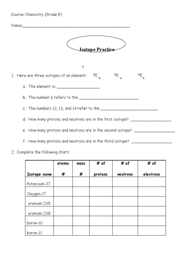Isotope Practice Worksheet for Grade 9 Chemistry | PDF