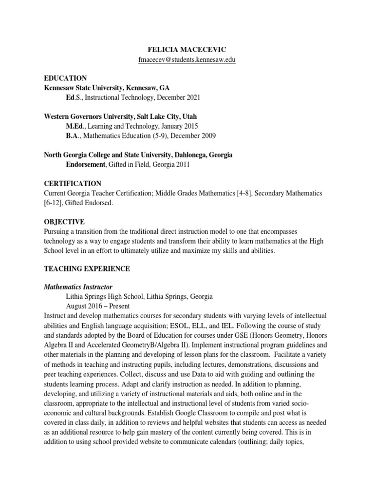 Felicia Macecevic Resume | PDF | Lesson Plan | Teaching