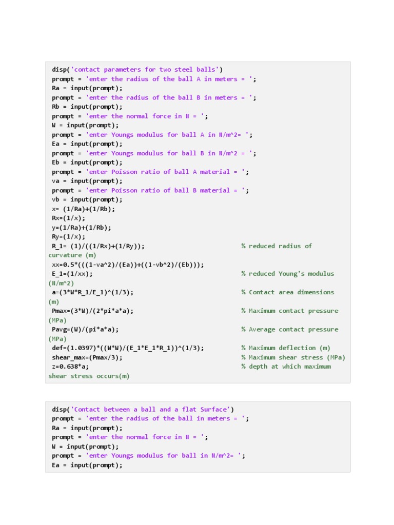 MAtlab Code For Ball and Ball Contact Mechanics | PDF | Young's Modulus ...