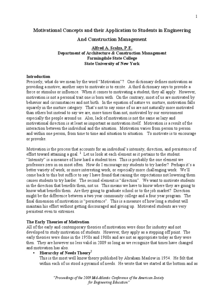 Motivational Concepts and Their Application To Students in Engineering ...