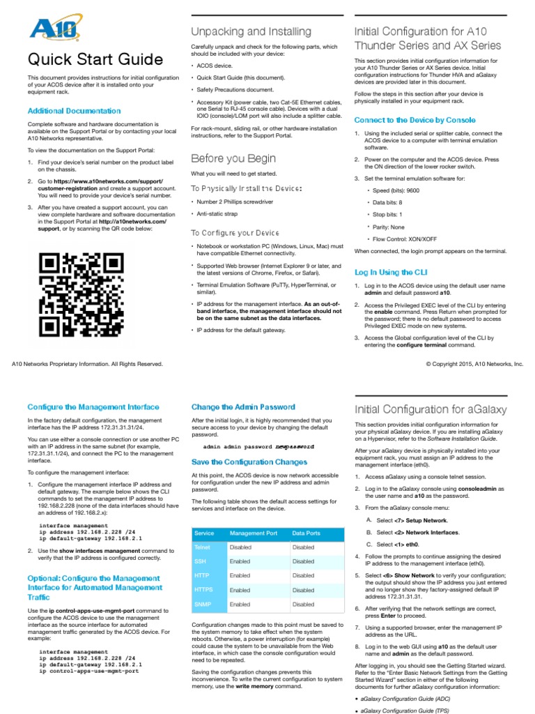 Quick Start Guide: Unpacking and Installing Initial Configuration For ...