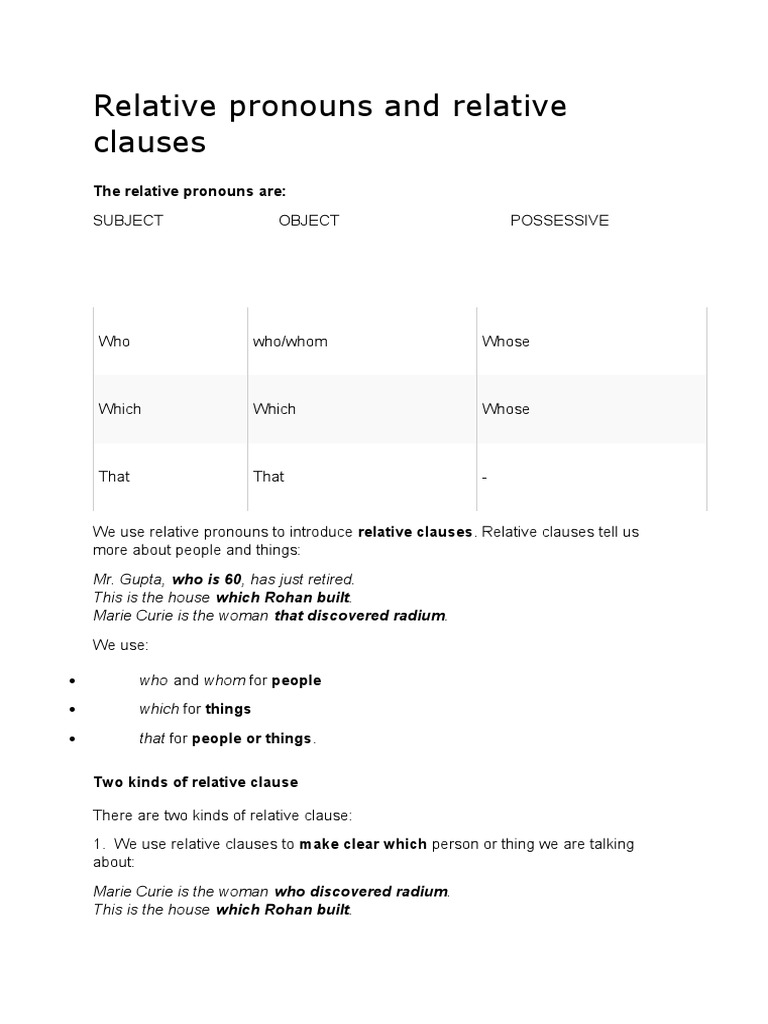 Relative Pronouns and Relative Clauses Class X | PDF | Pronoun | Linguistic Typology