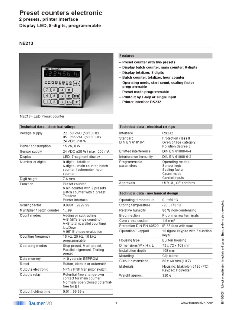 Preset Counters Electronic: 2 Presets, Printer Interface Display LED, 8-Digits, Programmable ...