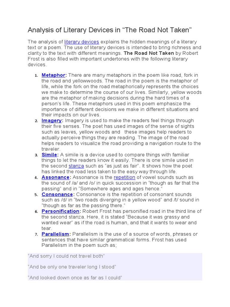 Analysis of Literary Devices in The Road Not Taken | PDF | Metaphor ...