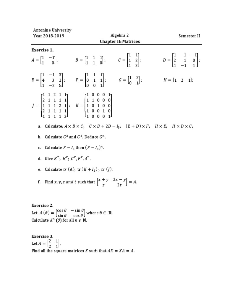 Chapter II: Matrices Exercise 1 | PDF