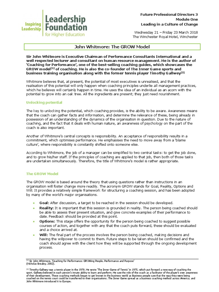 John Whitmore: The GROW Model: Unlocking Potential | PDF | Decision ...