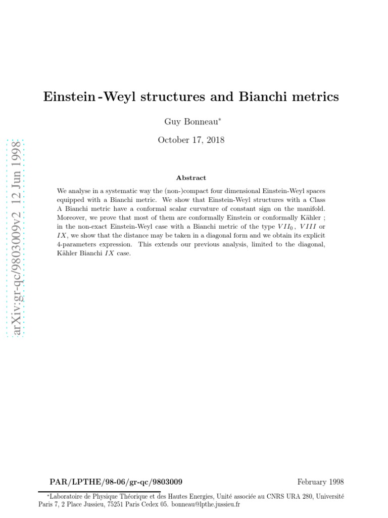 Einstein-Weyl Structures and Bianchi Metrics | PDF | Differential Form ...
