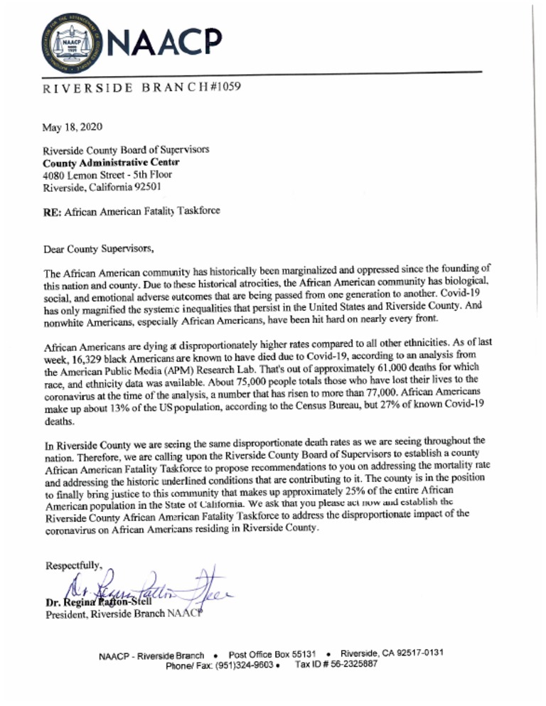 Letter From Riverside NAACP To Riverside County Board of Supervisors | PDF