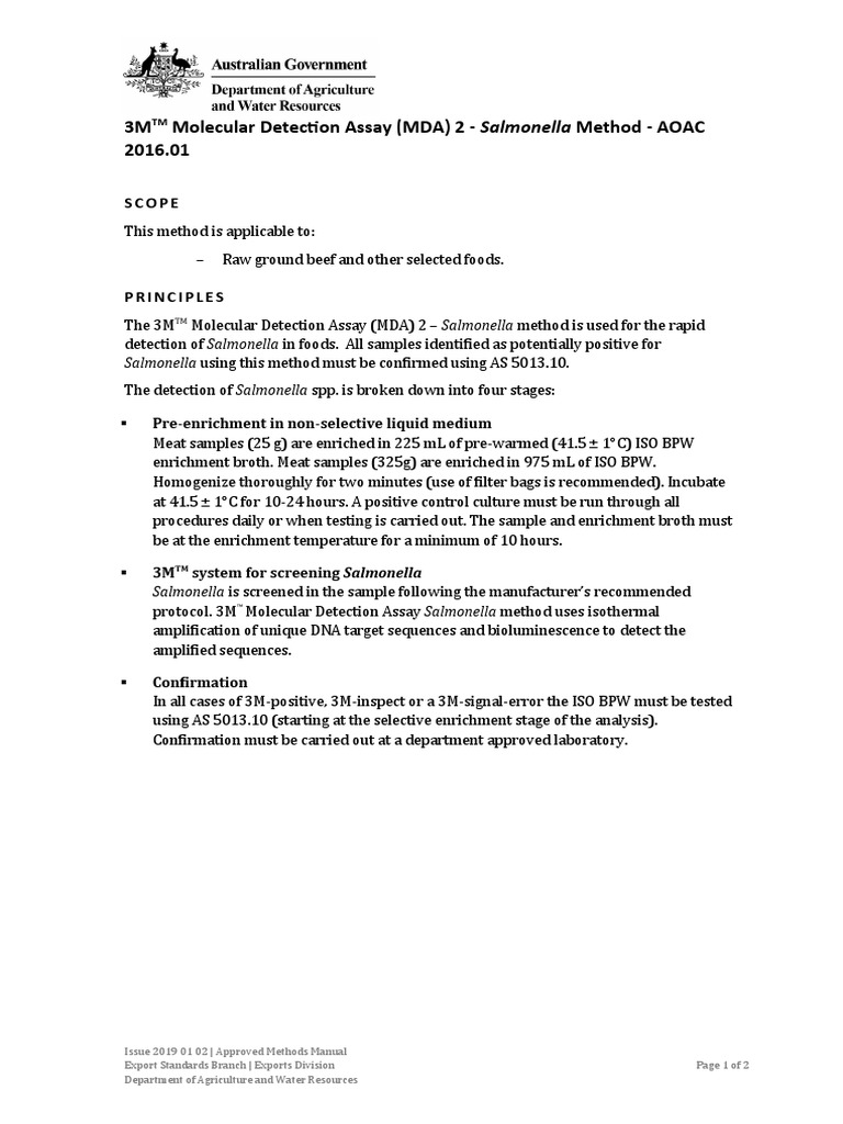 3M Molecular Detection Assay (MDA) 2 - Salmonella Method - AOAC 2016.01 ...