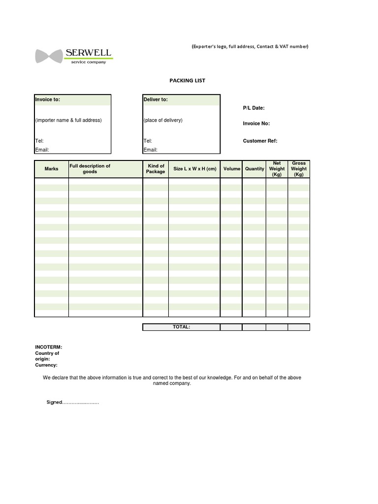 Ejemplo Packing List