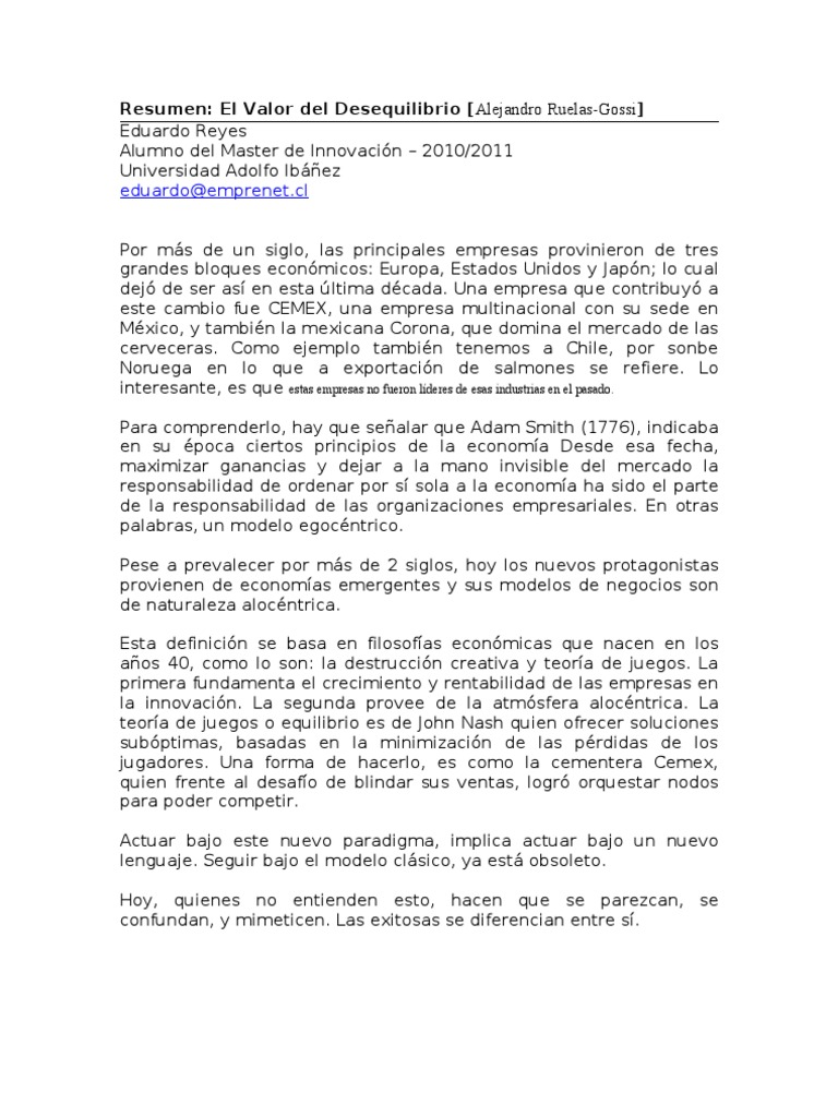 Resumen - El Valor Del Desequilibrio - Alejandro Ruelas-Gossi | PDF