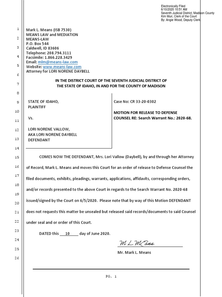 Motion For Release To Defense Counsel RE Search Warrant No 2020-68 | PDF | Separation Of Powers ...