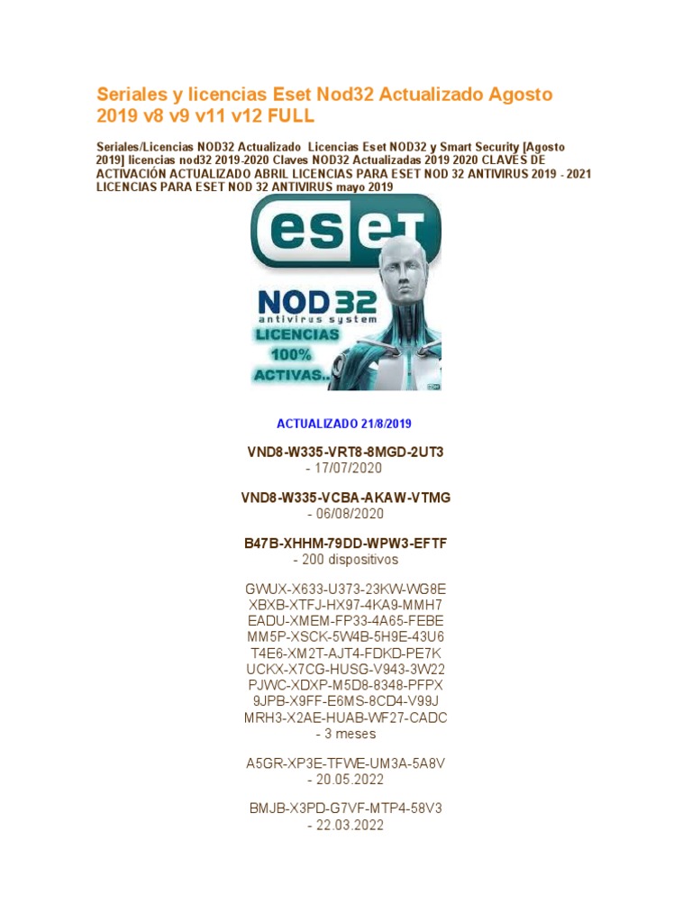 Seriales y Licencias Eset Nod32 Actualizado Agosto 2019 v8 v9 v11 v12 FULL | PDF