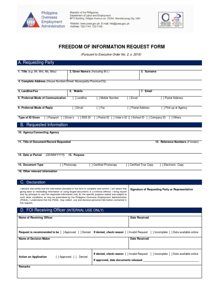 FOI Request Form POEA | PDF | Government Information | Government