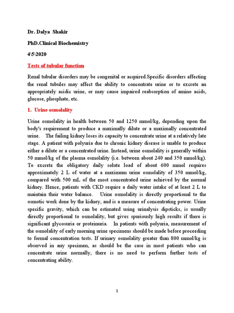 Tests of Tubular Function | PDF | Science & Mathematics