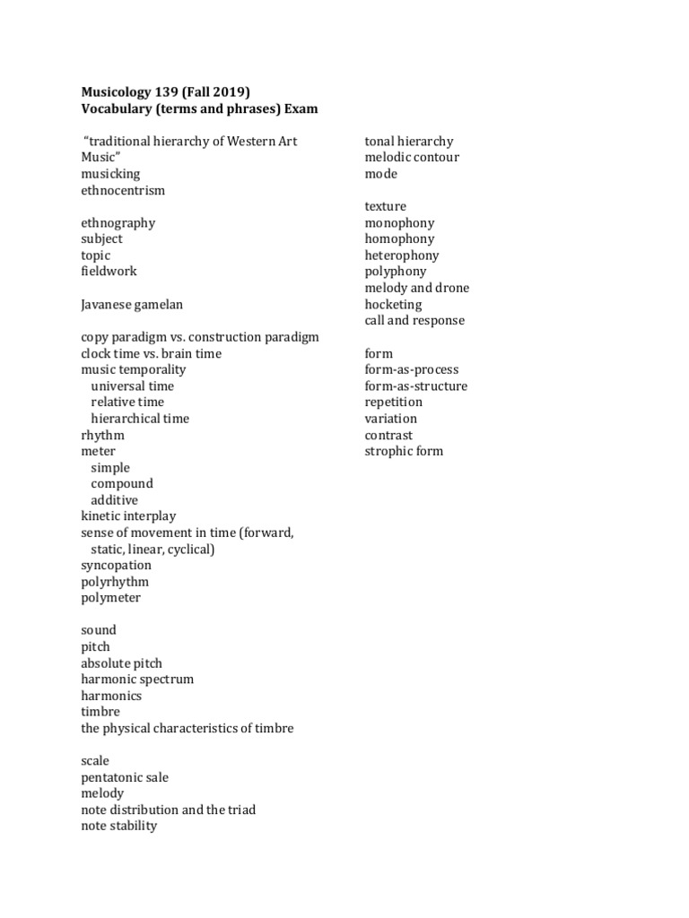 Musicology 139 Vocabulary Exam Guide | PDF