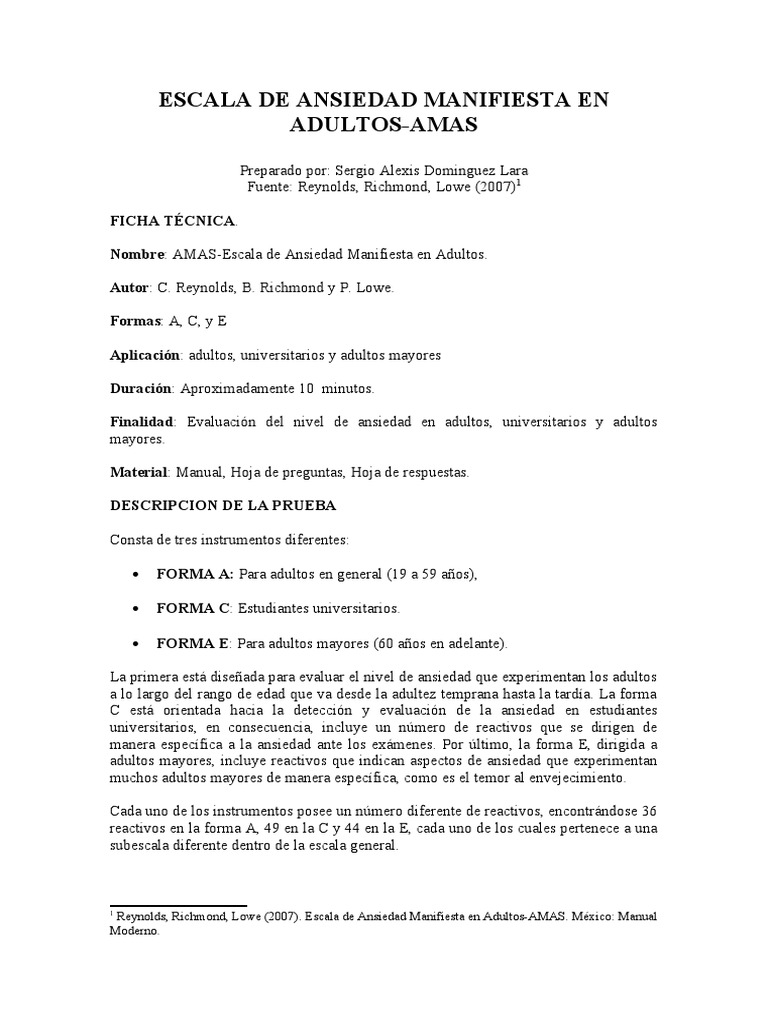 Escala de Ansiedad Manifiesta en Adultos-Amas-Manual | PDF | Ansiedad ...