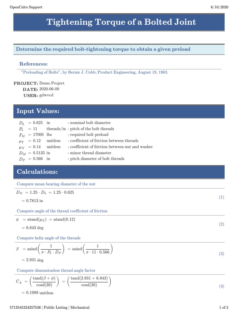 Tightening Torque of A Bolted Joint - US Customary | PDF | Nut ...