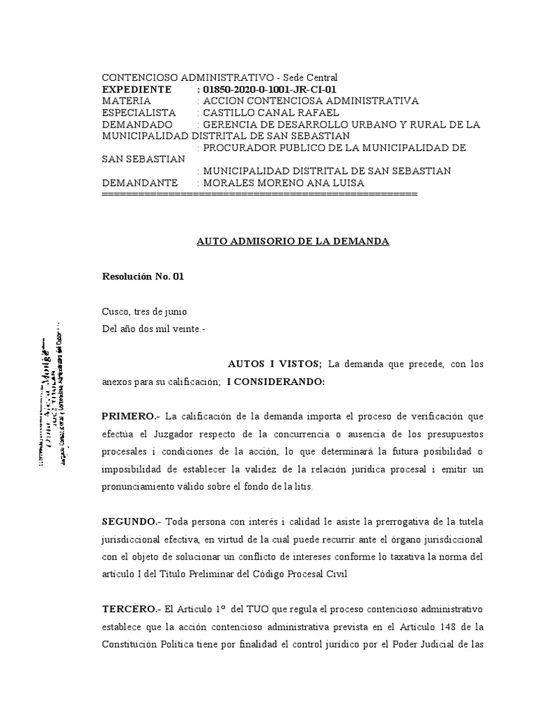 Auto Admisorio | Descargar gratis PDF | Ley procesal | Ley Pública