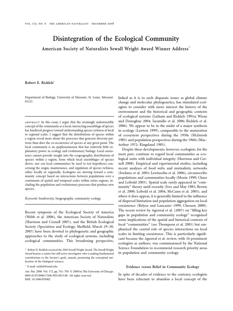 (Ricklefs, 2008) Disintegration of Community Concept PDF | PDF ...