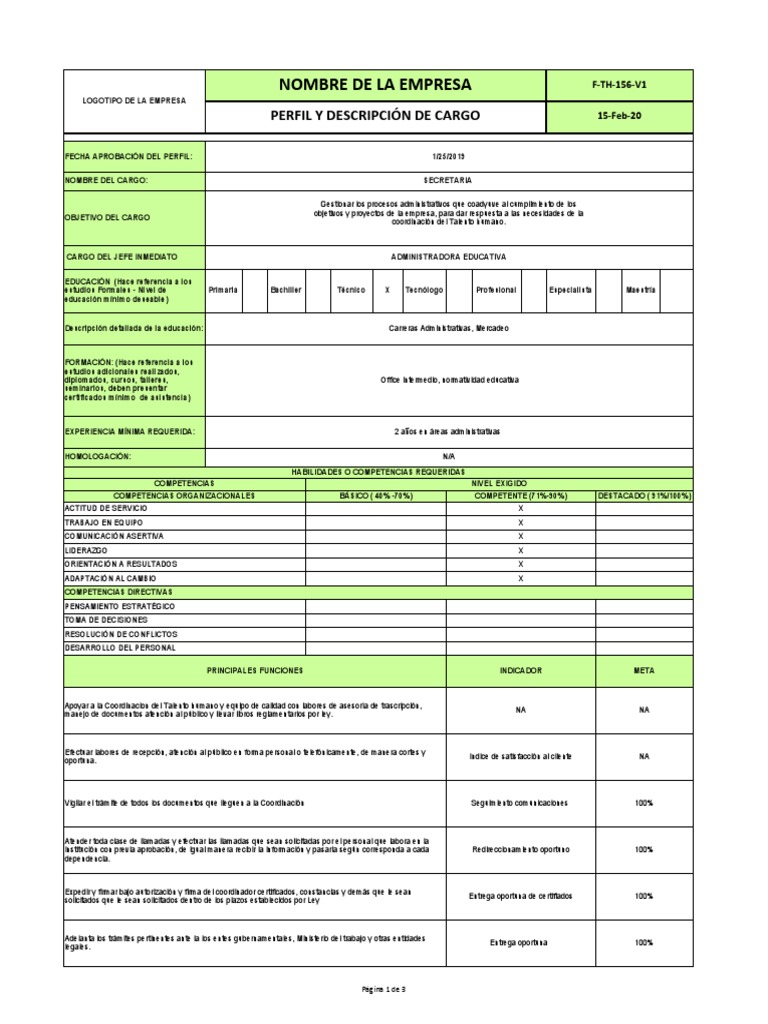 FORMATO ANALISIS Y DISEÑO DE CARGOS Excel | PDF | Business | Labor