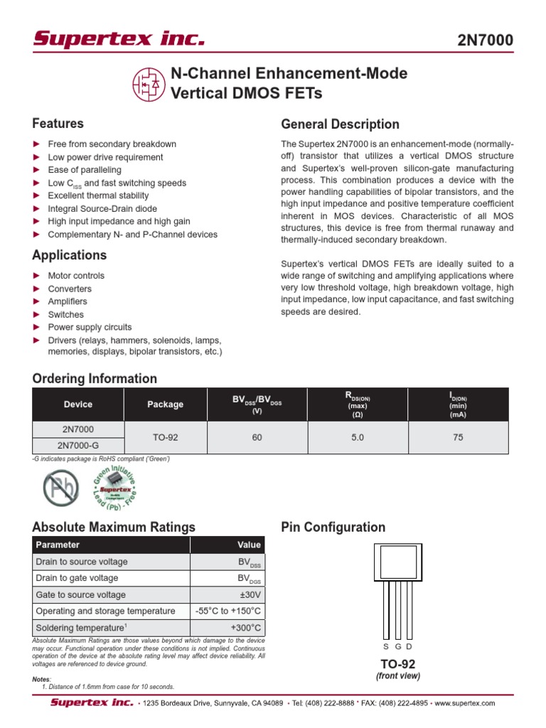 2N7000 N-Channel Enhancement-Mode Vertical Dmos Fets: Features General ...