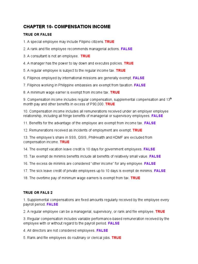Chapter 10-Compensation Income: True or False | PDF | Employee Benefits ...