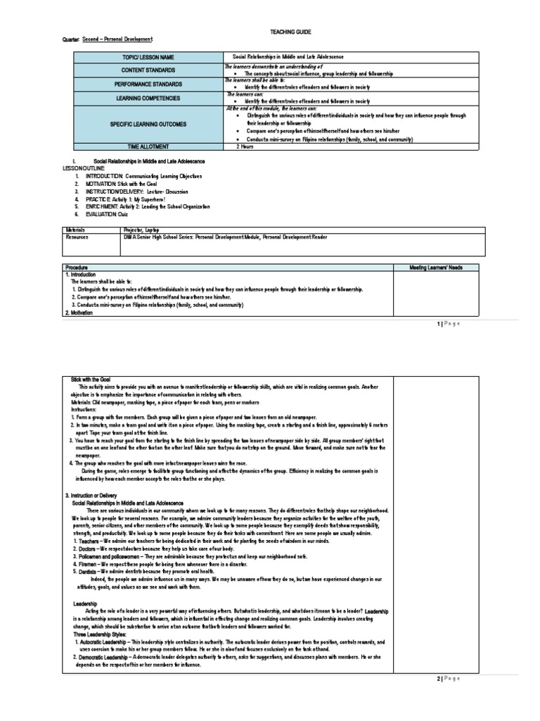 Social Relationships in Adolescence Module | PDF | Leadership | Goal