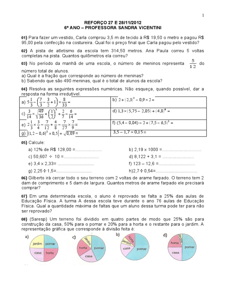 Exerc Numeros Decimais 6 Ano | PDF | Natureza