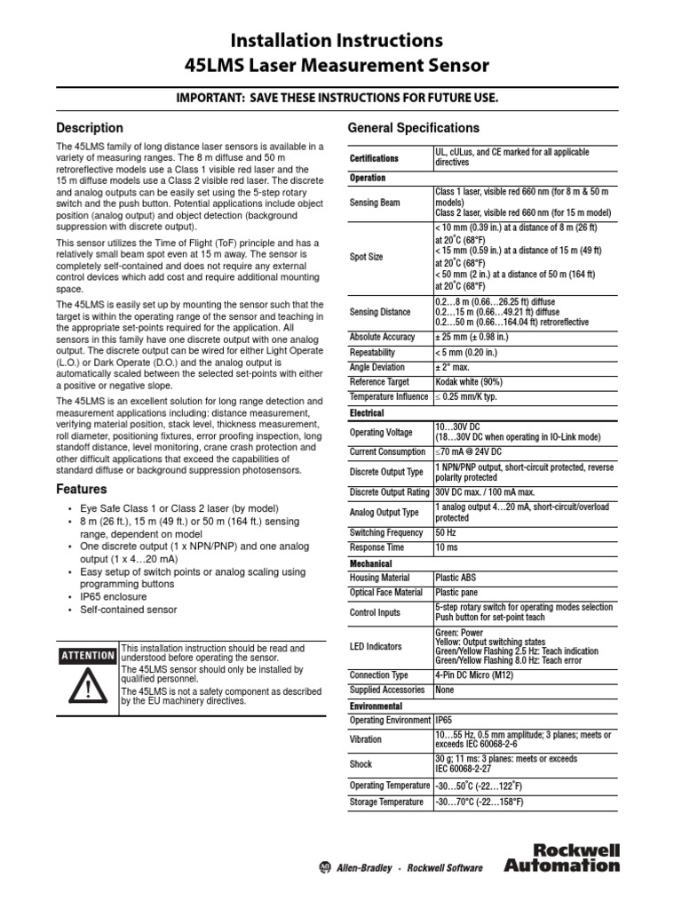 Installation Instructions 45LMS Laser Measurement Sensor: Important ...