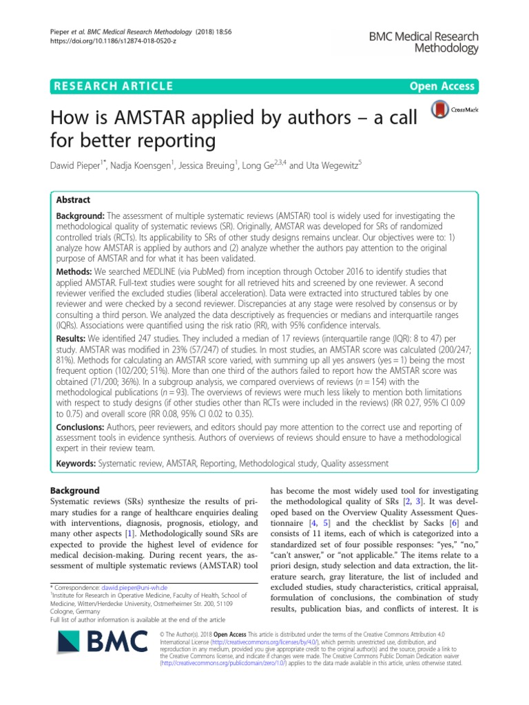 How Is AMSTAR Applied by Authors - A Call For Better Reporting | PDF ...