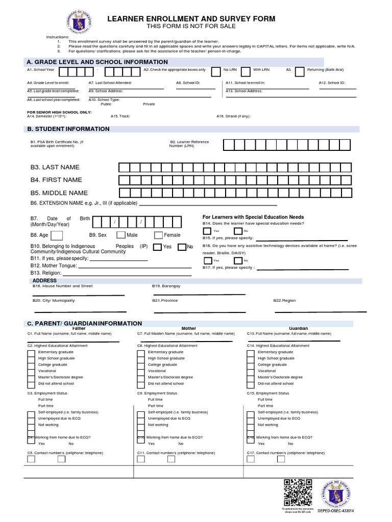 Learner Enrollment and Survey Form: B3. Last Name B4. First Name B5 ...
