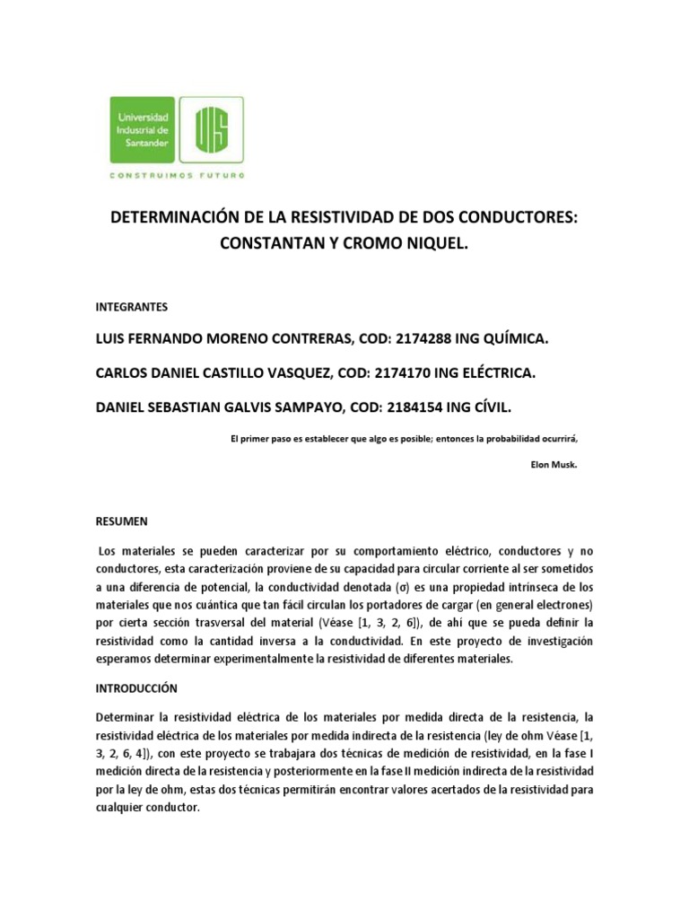 Informe Laboratorio I3 PDF | PDF | Resistencia Eléctrica y Conductancia | Resistividad Eléctrica ...