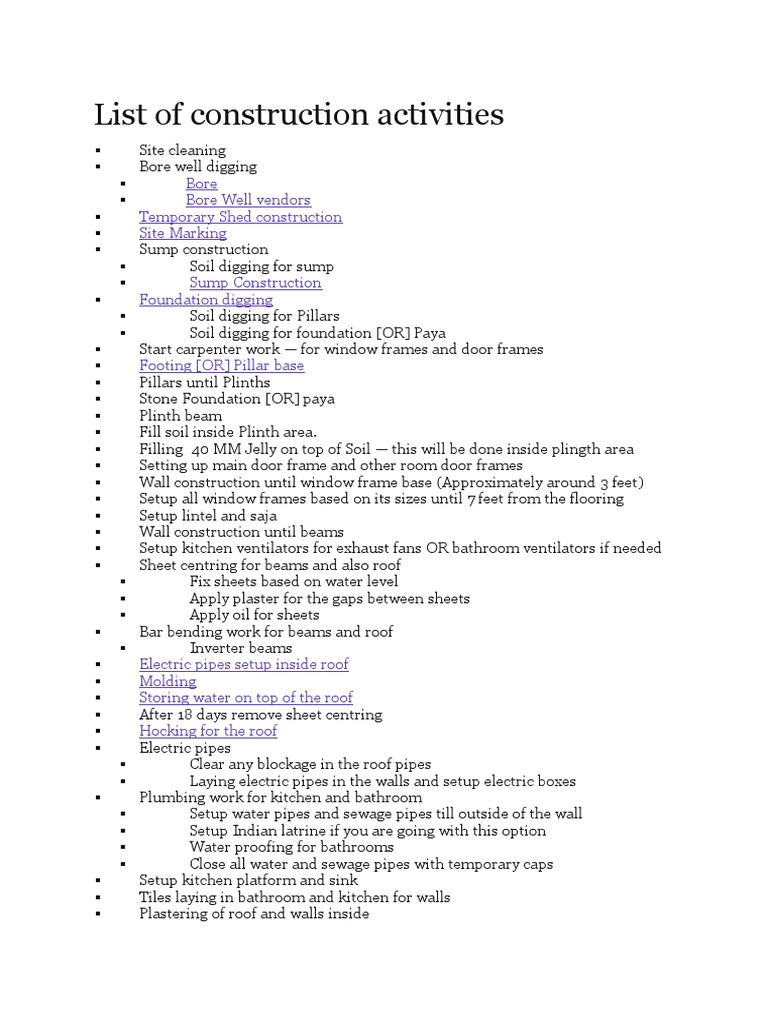 List of Construction Activities | PDF | Wall | Plumbing