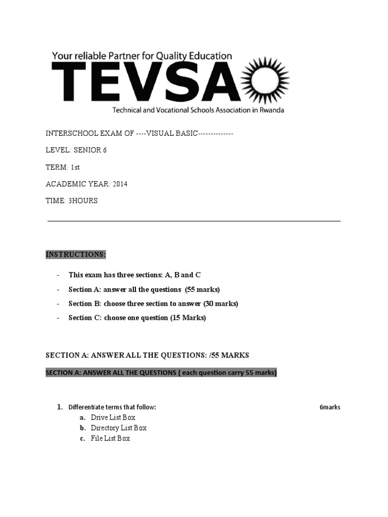 INTERSCHOOL EXAM OF - VISUAL BASIC - Level: Senior 6 TERM: 1st Academic ...