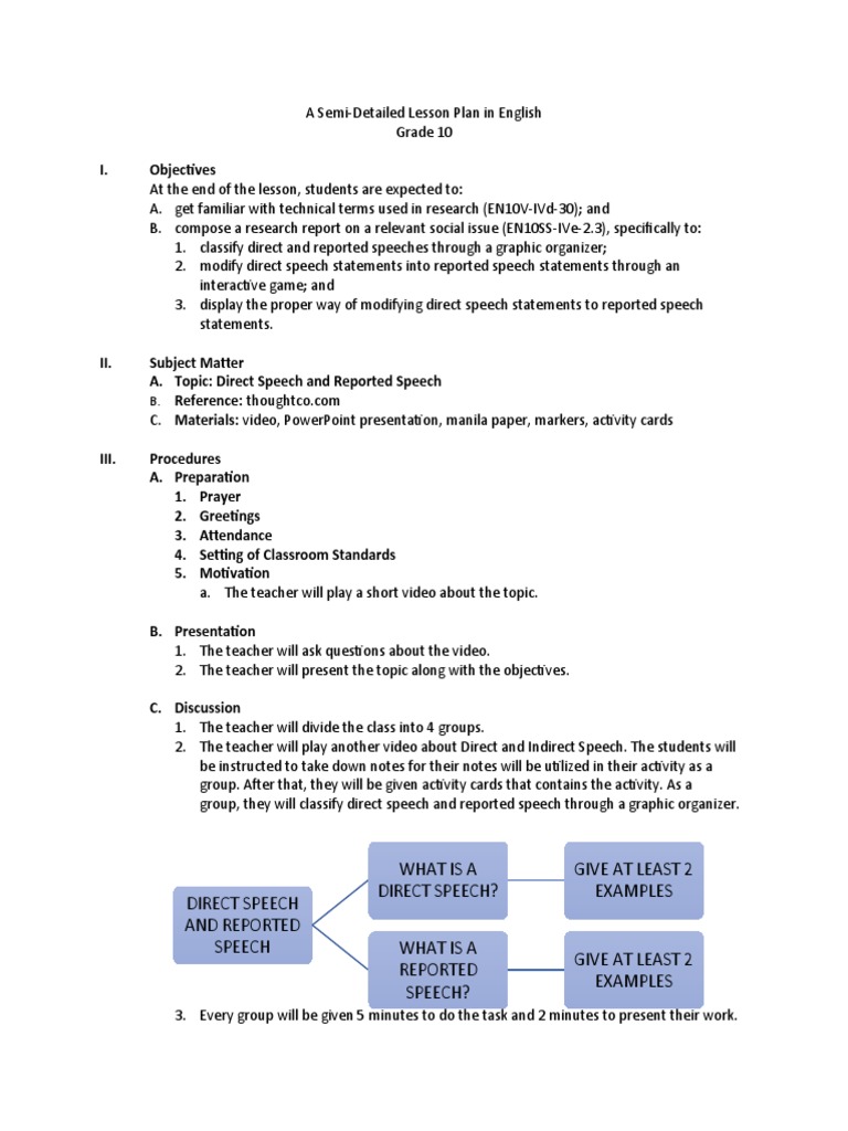 Grade 10 Lesson Plan: Direct & Reported Speech | PDF | Lesson Plan ...