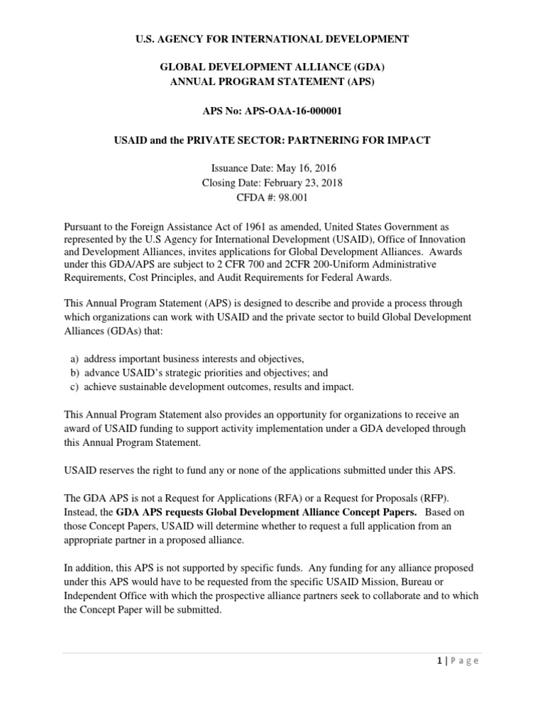 U.S. Agency For International Development Global Development Alliance ...