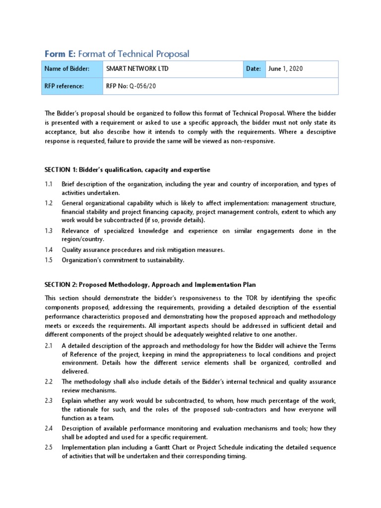 Form E: Format of Technical Proposal: SECTION 1: Bidder's Qualification ...