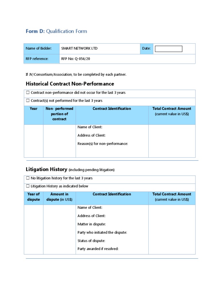 Form D: Qualification Form: Historical Contract Non-Performance ...