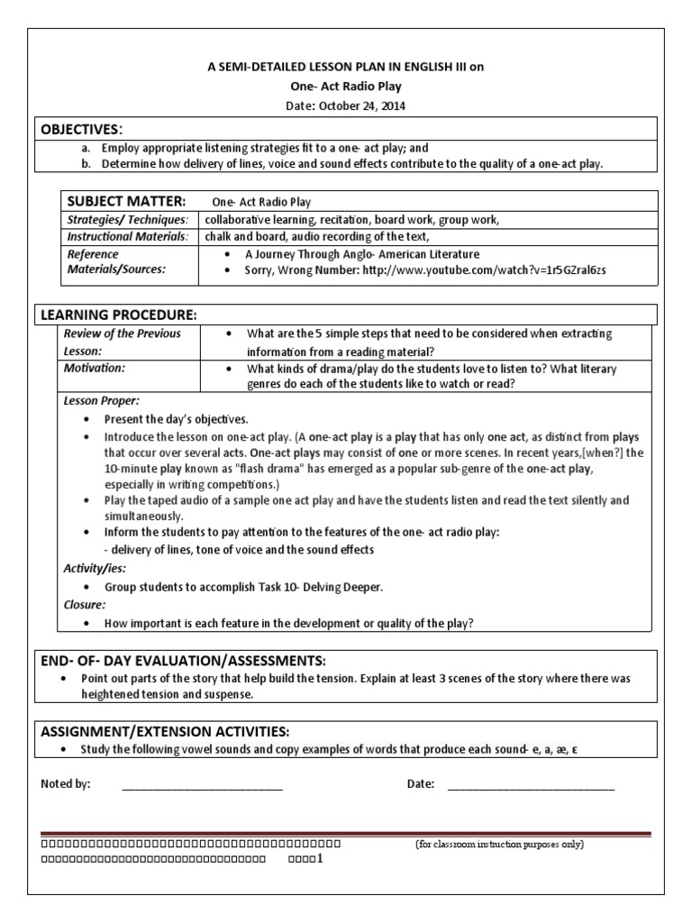Objectives: A Semi-Detailed Lesson Plan in English Iii On One-Act Radio ...