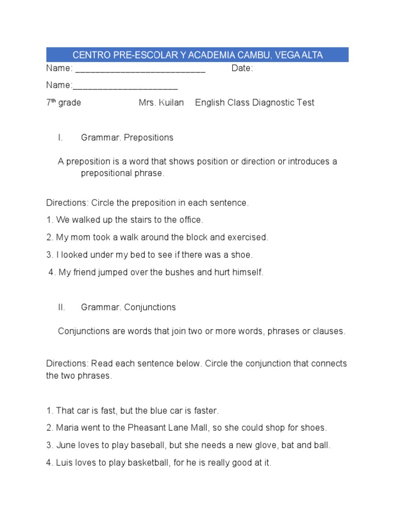 7th Grade English Diagnostic Test | PDF | Adverb | Noun