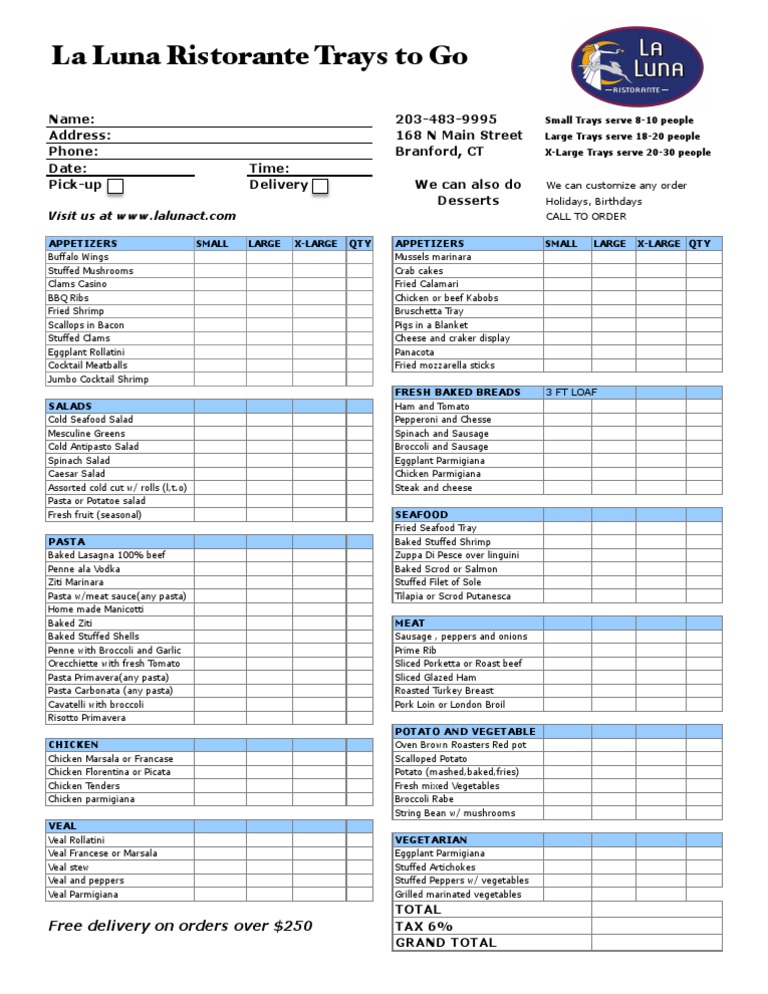 La Luna Catering Menu Options | PDF | Sausage | Salad