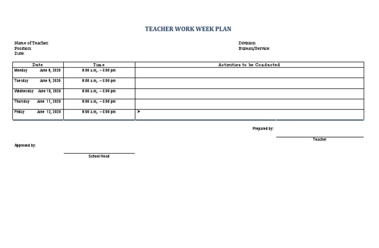 Teacher Work Week Plan Template | PDF